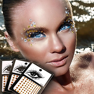 3 Sheets Eye Body Face Gems Jewels Rhinestone Stickers Temporary Tattoo Gems Self Adhesive Crystal Makeup Face Stick Gems for Festival Accessory and Nail Art Decorations(Gold)