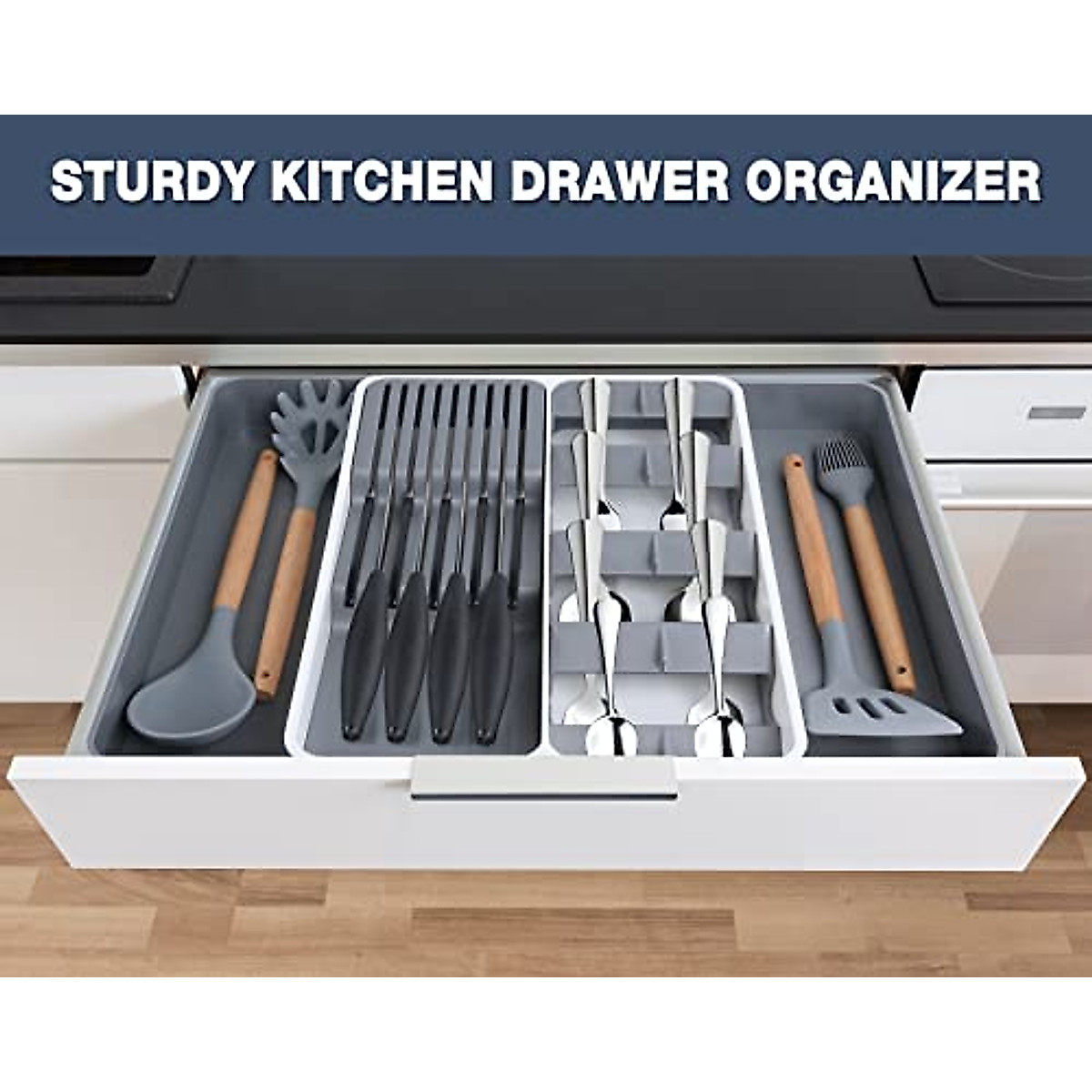 Kitchen Drawer Organizer, Silverware Flatware Organizer, Large Expandable Cutlery Organizer & Knife Drawer Organizer, Kitchen Utensil Drawer Organizer