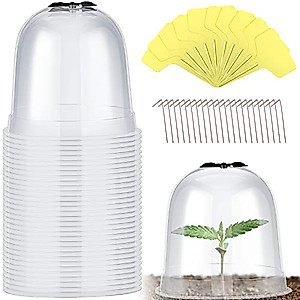 Remerry 20 Pack Garden Cloche Clear Bell Covers Freeze Protection Humidity Domes Plastic Dome 7.3 x 6.7 Inch with 60 Ground Securing Pegs and Plant Labels for Plants Seed Starting Greenhouse