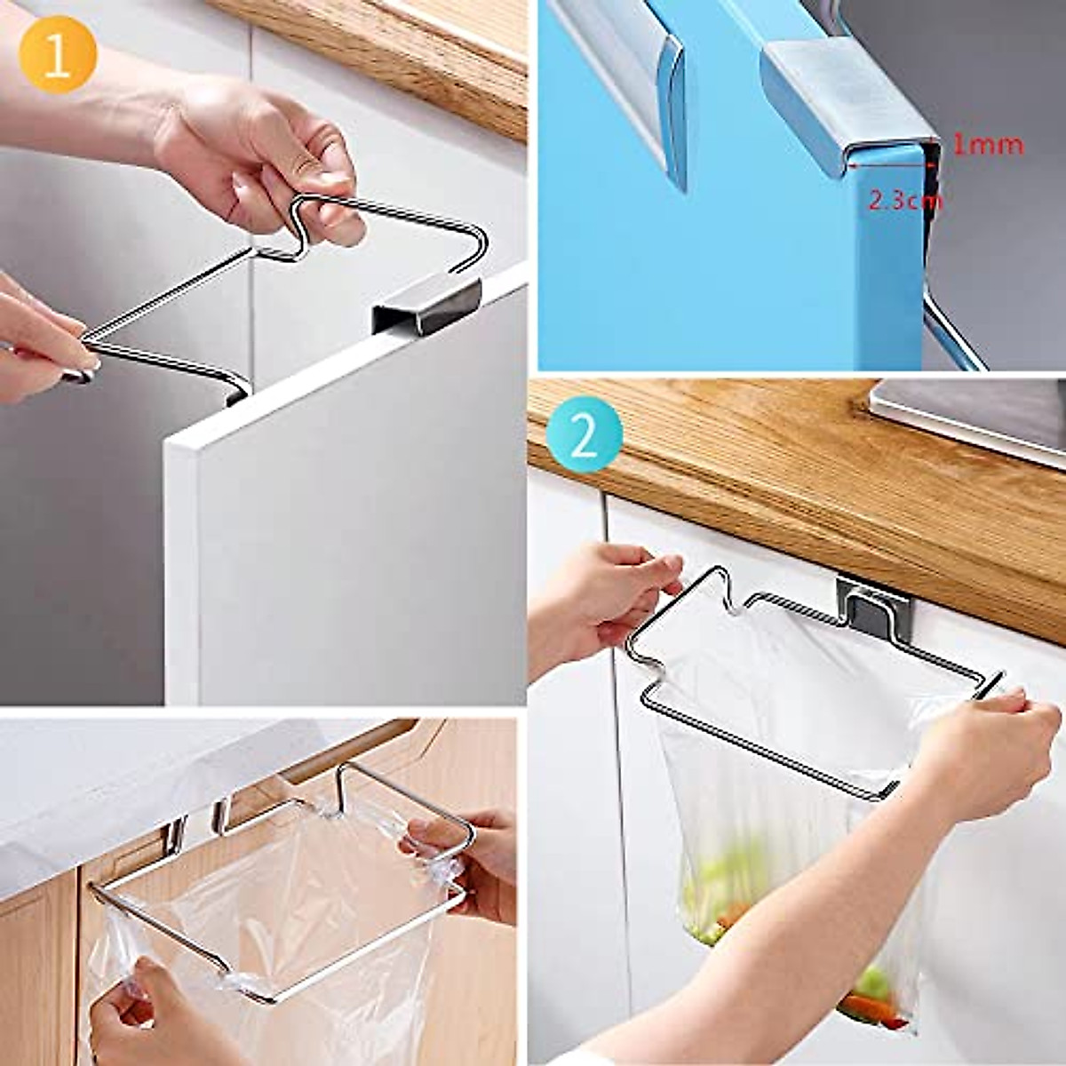Meiloi Trash Bag Holder for Cupboards Kitchen Cabinet Door, Stainless Steel Portable Garbage Bins