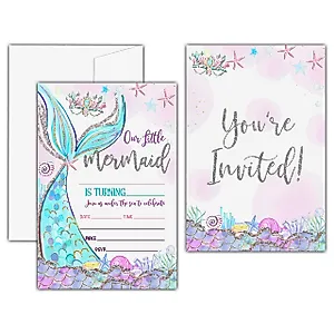 KFNER Mermaid Birthday Invitations, Glitter Mermaid Birthday Party Invitation Card, Under the Sea Birthday Party Favors & Celebration Supplies(20 Set of Invitations with Envelopes)-B13