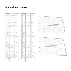 Convenience Concepts Xtra Storage Shelves - 5 Tier Folding Metal Shelving with Set of 4 Deluxe Extension Shelves - Modern Shelves for Storage and Display in Living Room, Bathroom, Office, White