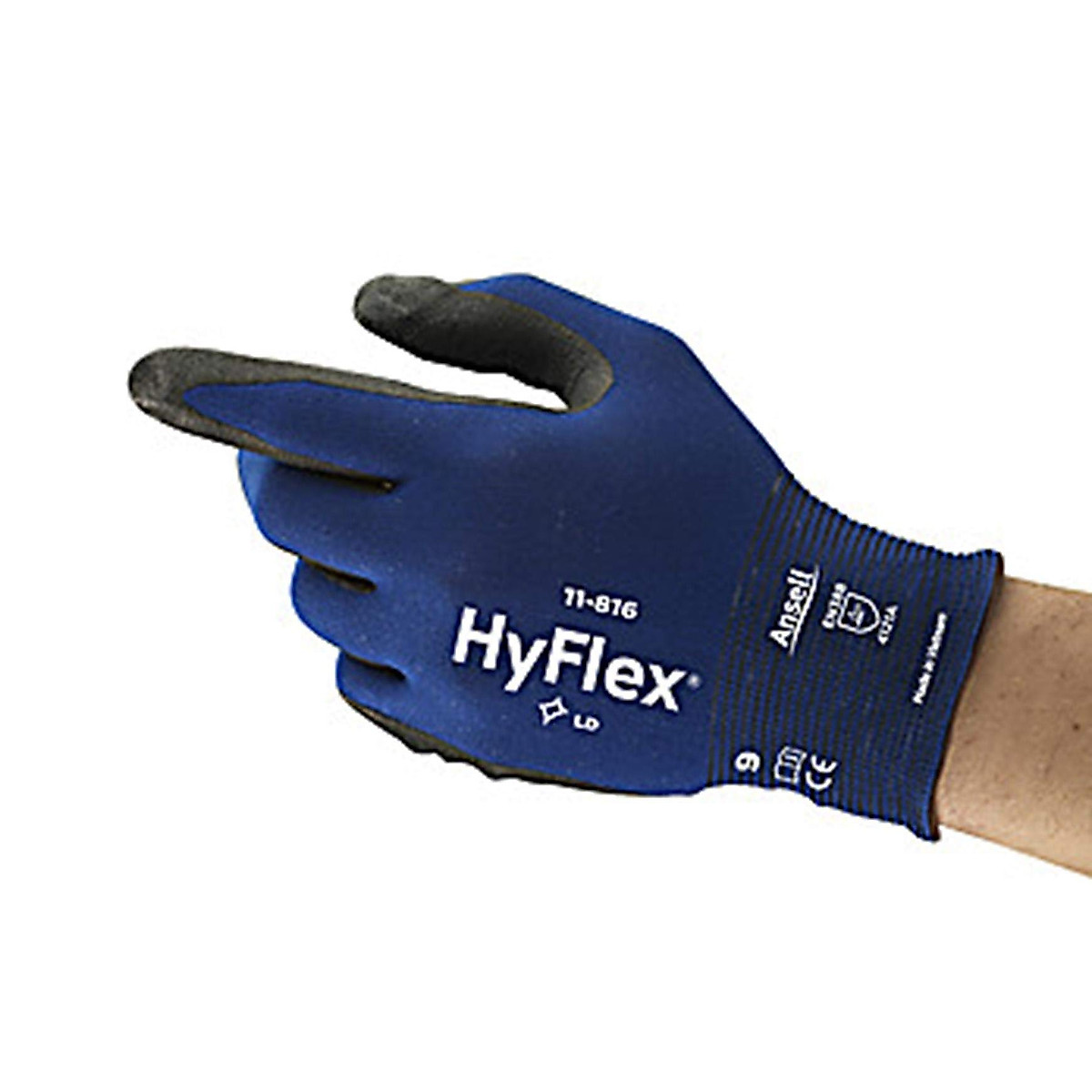 Ansell 11816100 HyFlex Light Duty Multi-Purpose Industrial Glove, Foam Nitrile Coating, 18 Gauge, Knitwrist, Black/Blue, Size 10 (Pack of 144)