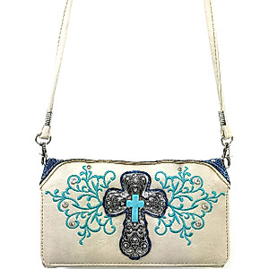 Justin West Floral Embroidery Western Rhinestone Turquoise Cross Studded Fashion Wristlet Trifold Wallet Attachable Long Strap Collection (Beige Turquoise)