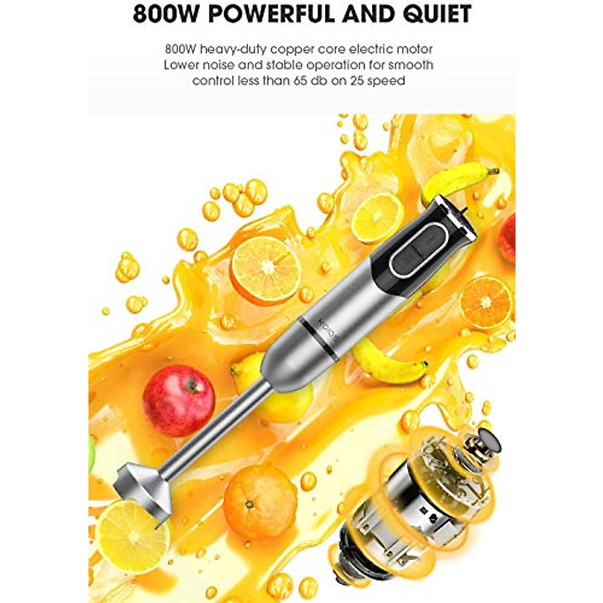 KOIOS 800W Immersion Hand Blender, Multifunctional 5-in-1 Low Noise Stick Mixer, 9-Speed, Stainless Steel, Titanium Plated Blade, includes 600ml Mixing Beaker, 800ml Chopper, Whisk Attachment, and Milk Frother