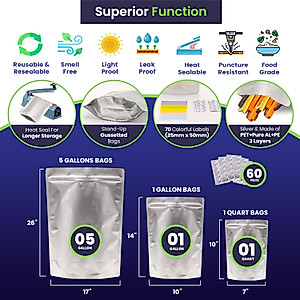 Opalpros 60 pcs Gusseted 14 Mil Mylar Bags for Food Storage with oxygen absorbers - 5 Gallon (10), 1 Gallon (20), Quart (30), with 2500cc, 500cc & 300cc OA Resealable Mylar Bags + Colorful labels
