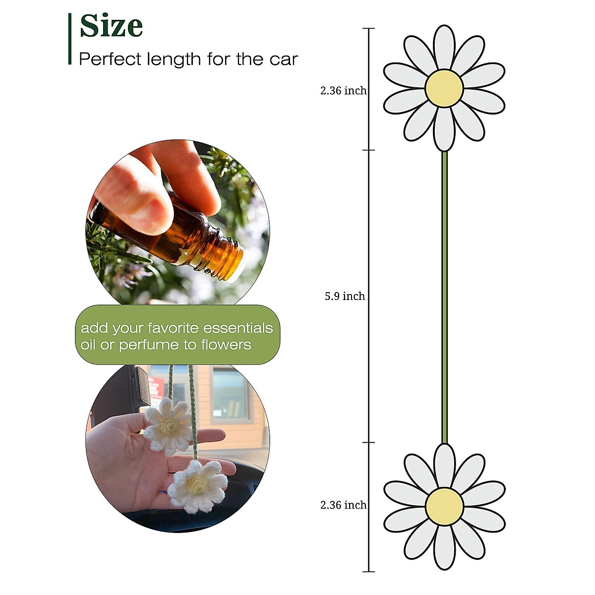 Crochet Daisy Car Accessories for Women Cute Rear View Mirror Hanging Charms Handmade Daisy Flower Gifts for Crochet Lovers Car Decor Automotive Interior Aesthetic(White)