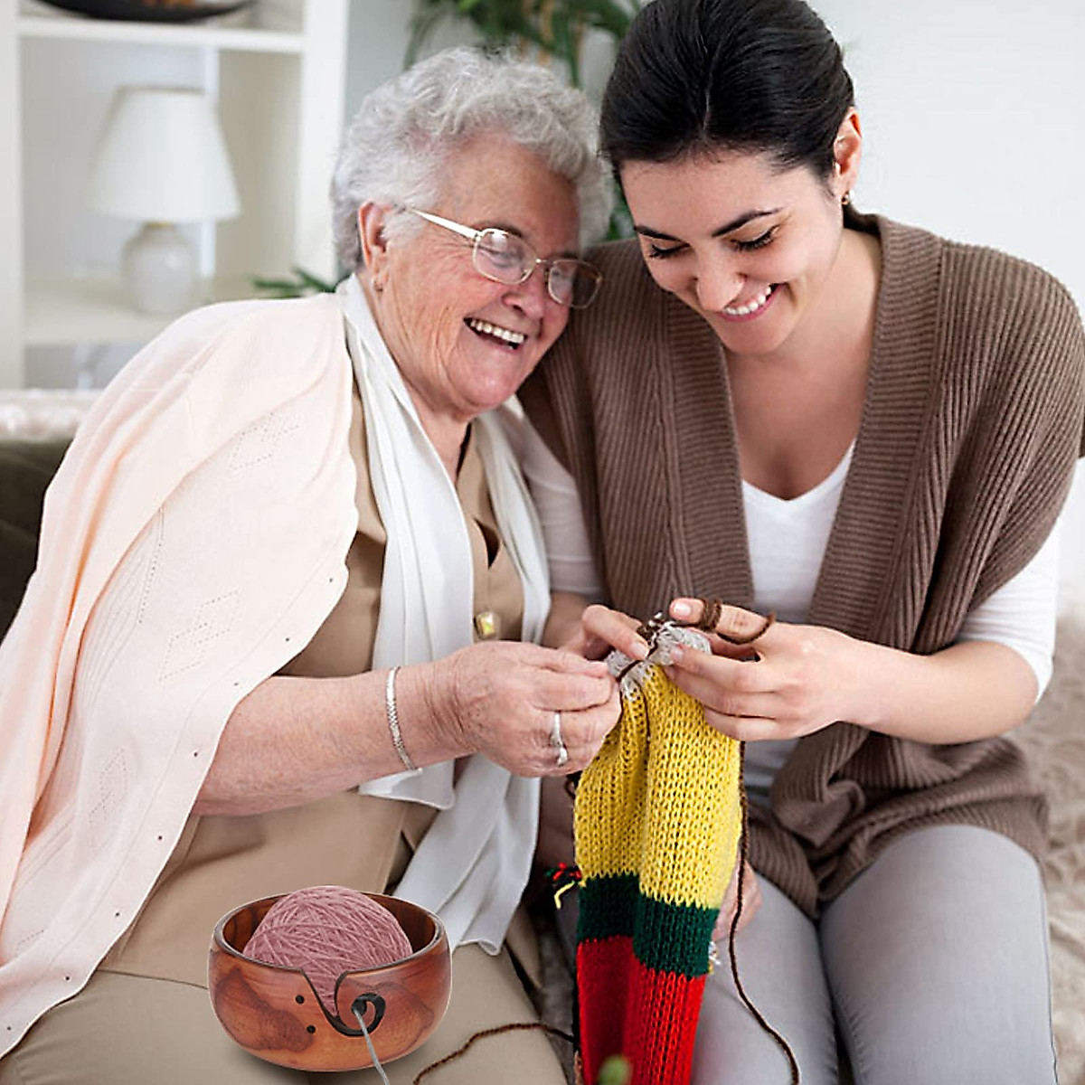 FVIEXE Wooden Yarn Bowl, Yarn Holder Bowls for Knitting & Crocheting Handmade Yarn Storage Bowls & Accessories Wool Storage with Holes Including 12PCS Crochet Hooks Gift for Mothers Day
