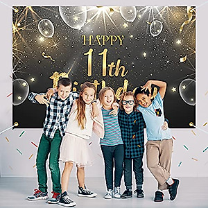 HAMIGAR 6x4ft Happy 11th Birthday Giltter Shinning Banner Backdrop - 11 Years Old Birthday Decorations Party Supplies for Girls Boys - Black Gold