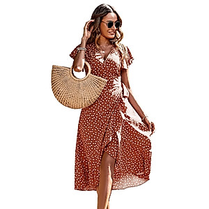 SweatyRocks Women's Polka Dots Short Sleeve V Neck Wrap Dress Tie Side Ruffle Midi Dresses Burnt Orange M