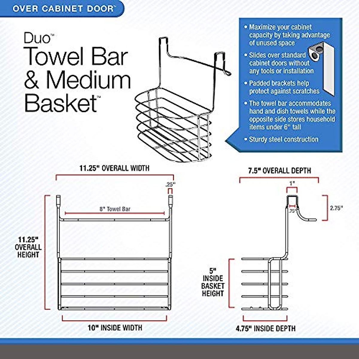 Spectrum Diversified Duo Over-The-Cabinet Towel Bar & Medium Basket, No Installation 2-in-1 Basket & Towel Bar, Under Sink Storage & Organization, Small, Chrome