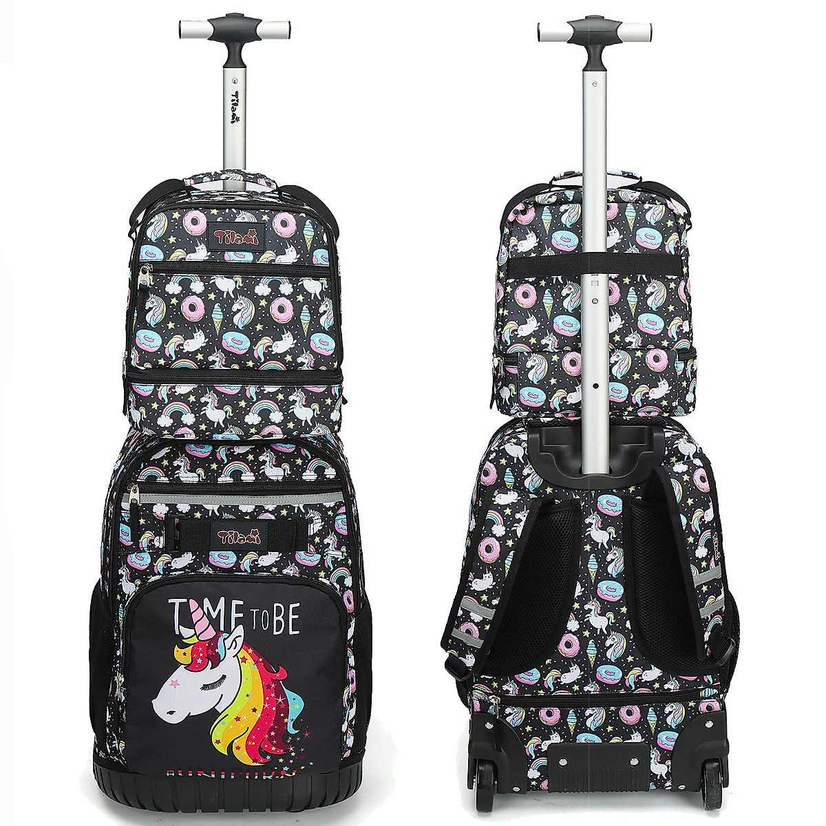 Tilami Rolling Backpack 19 inch with Lunch Bag Wheeled Laptop Backpack, Unicorn Cute