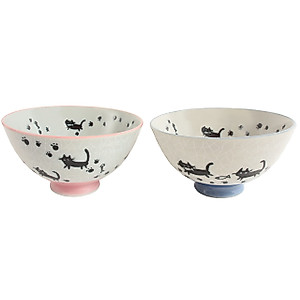 Mino ware Japanese Pottery Pair Rice Bowl Black Cats & Foot Prints Blue & Pink made in Japan (Japan Import) MIG005