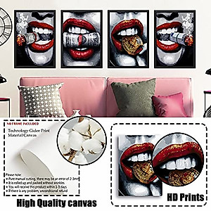 Bnhcoe Fashion Black and Red Pictures for Canvas Wall Decor, Red and Black Lips Room Decor, Burning Dollar Money Wall Art Pictures Prints Posters for Womens Bedroom Decor Set of 4