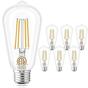 GOLSPARK Edison Bulbs 60 Watt Equivalent, E26 LED Bulb Soft White 3000K, 800LM, 6W 120V CRI85, E26 Base, ST58 Clear Vintage Light Bulbs for Living Room Dining Bathroom Vanity, Non-dimmable, 6 Pack