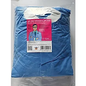 EZGOODZ Blue Disposable Lab Coats for Adults, Large. Pack of 10 SMS Disposable Coats Medical with Snaps, Knit Cuffs, Collar, 3 Pockets. Waterproof and Breathable 40 GSM Painting Lab Coats