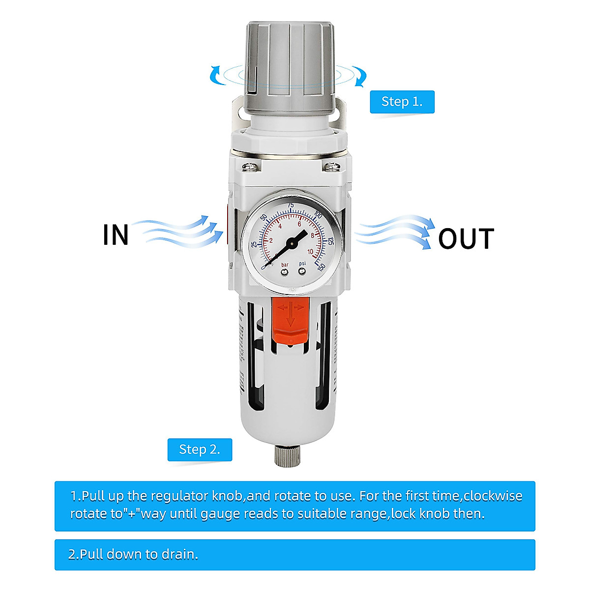 NANPU 1/2" NPT Compressed Air Filter Regulator Combo Piggyback, 5 Micron Brass Element, Poly Bowl, Semi-Auto Drain, Metal Bracket, 0-150 psi Gauge