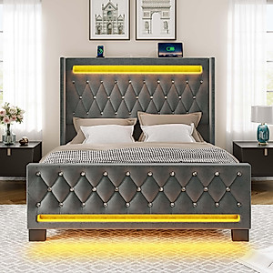 Rolanstar Queen Bed Frame with LED Light and Charging Station, Upholstered High Headboard and Footboard, Wood Slats, Noise Free, Easy Assembly, Grey