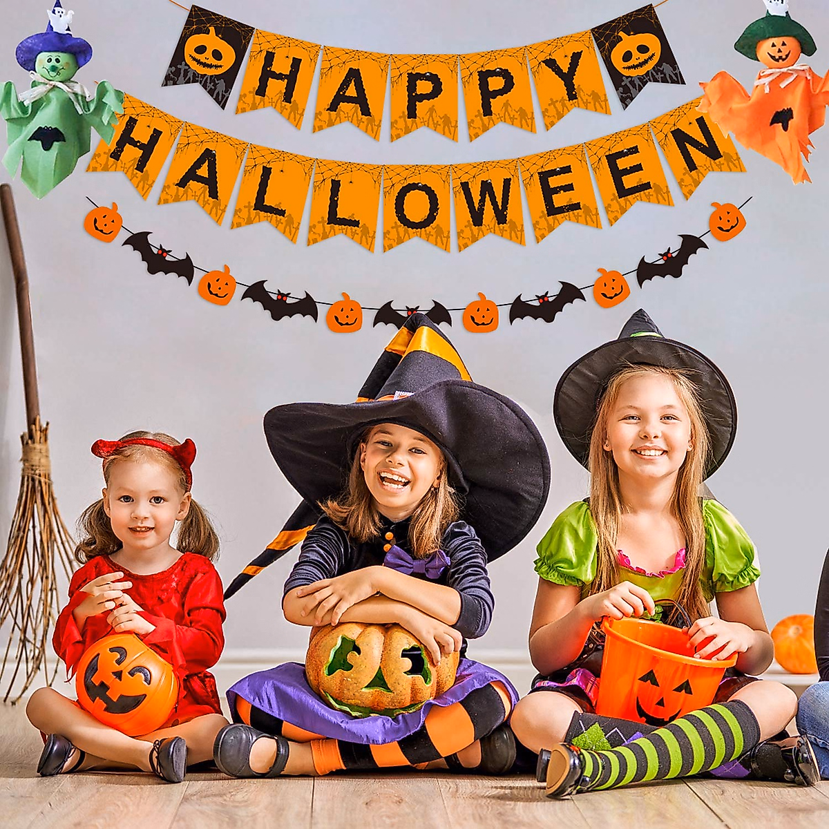 NAIWOXI Halloween Decorations for Kids or Adults - Halloween Hanging Ghost, Pumpkin Skeletons Swirls Hanging, Banner, Garland, Scary Photo Booth Props, Balloons, Confetti, 68 PCS Cute Halloween Party Decorations for Indoor outdoor