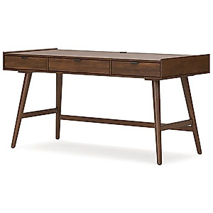 Signature Design by Ashley Lyncott Mid Century 3-Drawer 60" Home Office Desk with Cord Management, Open Cubby and Tapered Legs, Dark Brown