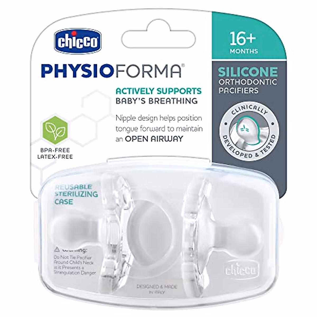 Chicco PhysioForma 100% Soft Silicone One Piece Pacifier for Babies aged 16-24 months | BPA & Latex Free | Reusable Sterilizing Case | Clear, 2pk