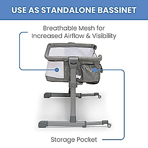 Delta Children Close2Me Bedside Baby Bassinet Sleeper with Breathable Mesh and Adjustable Heights - Lightweight Portable Crib, Grey