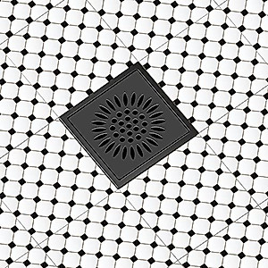 EXF Square Shower Floor Drain 6 Inch Matte Black, Stainless Steel Shower Drain Kit with Flange, Removable Floral Pattern Drain Cover, Hair Strainer