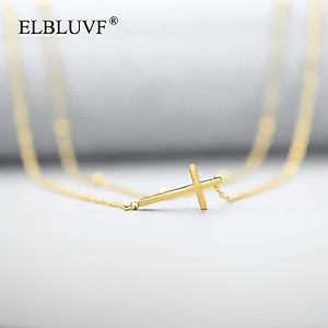 ELBLUVF Stainless Steel Gold Rose Gold Silver Plated Dainty Beads Sideways Cross Double Layers Necklace For Women (Gold 2 layers cross)