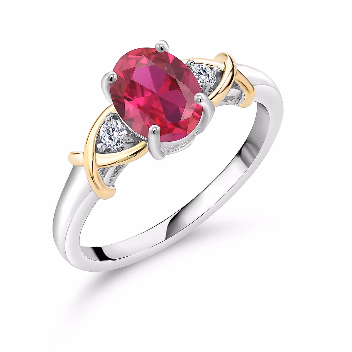 Gem Stone King 10K Yellow Gold and 925 Sterling Silver Red Created Ruby and White Lab Grown Diamond Ring For Women (1.43 Cttw, Oval 8X6MM, Available in Size 5,6,7,8,9)