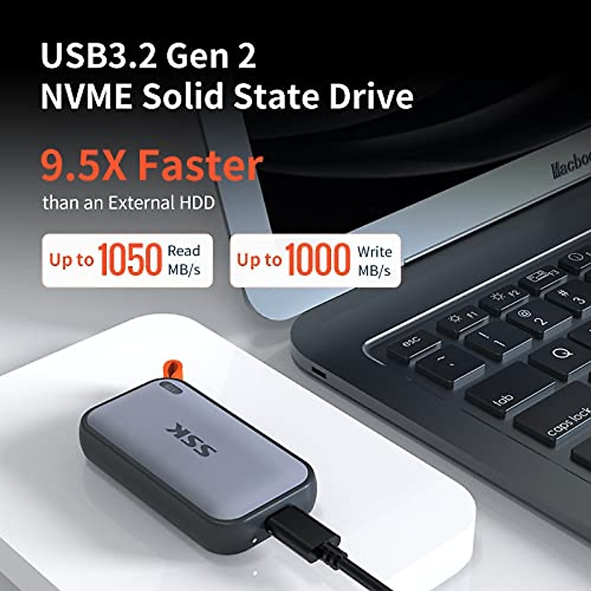 SSK Portable SSD 2TB External Solid State Drives, up to 1050MB/s USB C SSD External Hard Drive USB 3.2 Gen2 for iPhone 15/Pro, Windows, Mac, Android Phones and Tablets