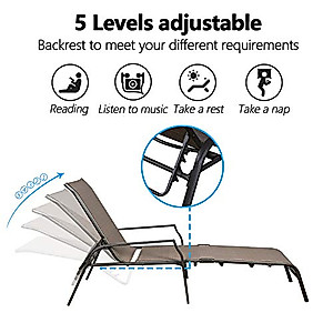 Patio Outdoor Chaise Lounge Chairs, Folding Sling Reclining Chaise Lounger Chair Fit Beach Yard Pool Patio with 5 Adjustable Positions, Brown Frame