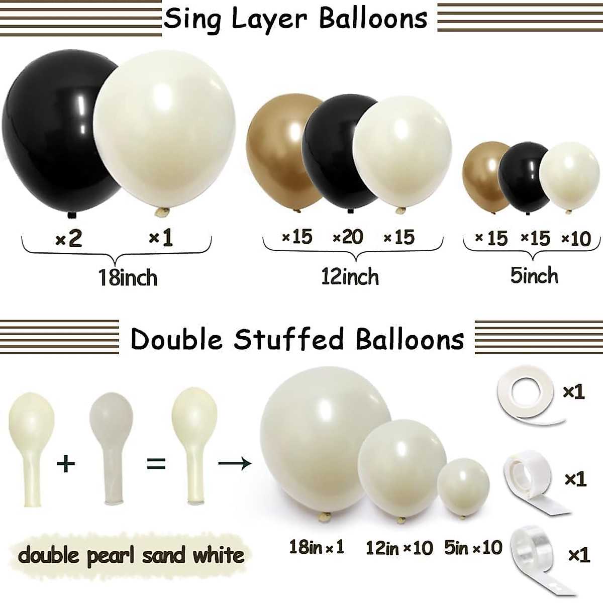 Black White Gold Balloon Garland Double Stuffed Pearl White Sand Balloons Champagne Metallic Gold Neutral Balloon Arch Kit For Birthday Graduation Wedding Bachelorette Halloween Party Decorations