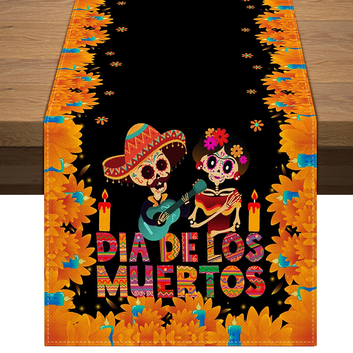 Mexican Day of The Dead Table Runner Mexico Dia De Los Muertos Sugar Skull Table Cover Dining Room Kitchen Home Indoor Outdoor Holiday Party Table Decoration (13" x 72")