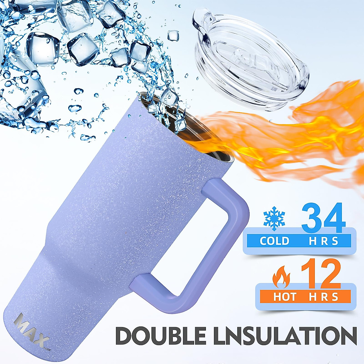 MaxBase 40 Oz Shiny Tumbler with Handle and Straw Lid, Insulated Reusable Stainless Steel Travel Mug Keeps Drinks Cold up to 34 Hours, 100% Leakproof Bottle (Crack-Blue)