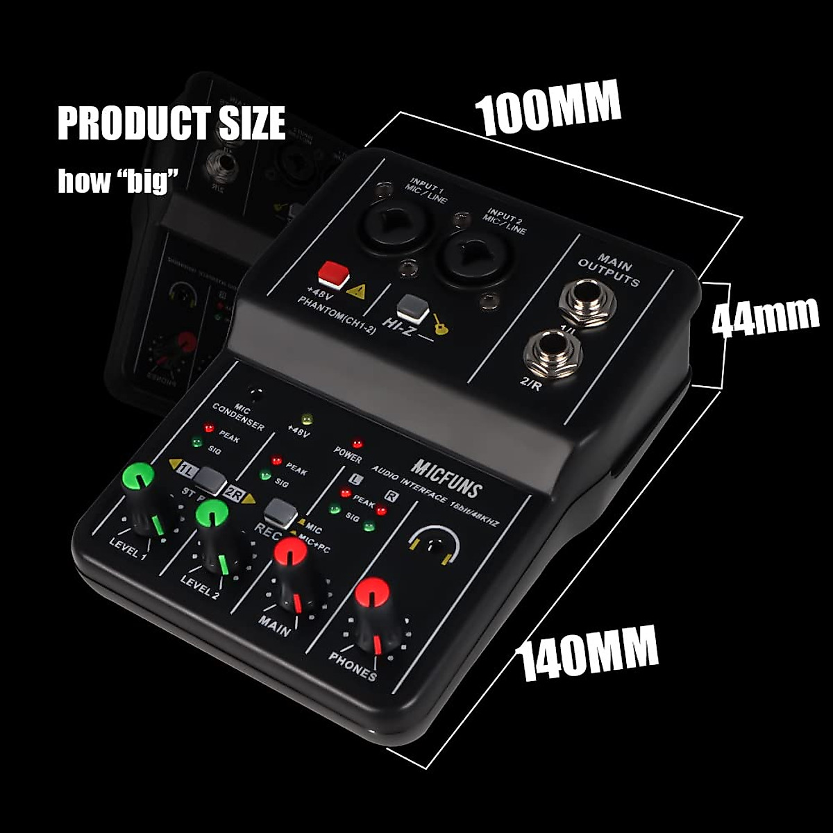 Mini 2 channel audio DJ mixer console interface with 48V phantom power Combo Jack Microphone/Guitar XLR+6.35mm, 3.5mm Stereo in, Headphone Jack for studio live show,party recording