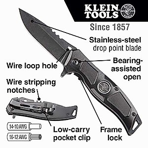 Klein Tools 44228 Electrician's Pocket Knife with Stainless Steel Blade, Perfect for Splitting Cable, Stripping Wire and Everyday Tasks, Black