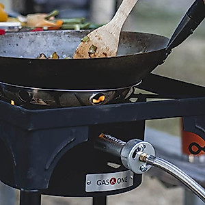 GasOne Propane Single Burner Camp Stove with High Temp Paint & Red QCC Steel Braided Regulator with Height Adjustable Leg