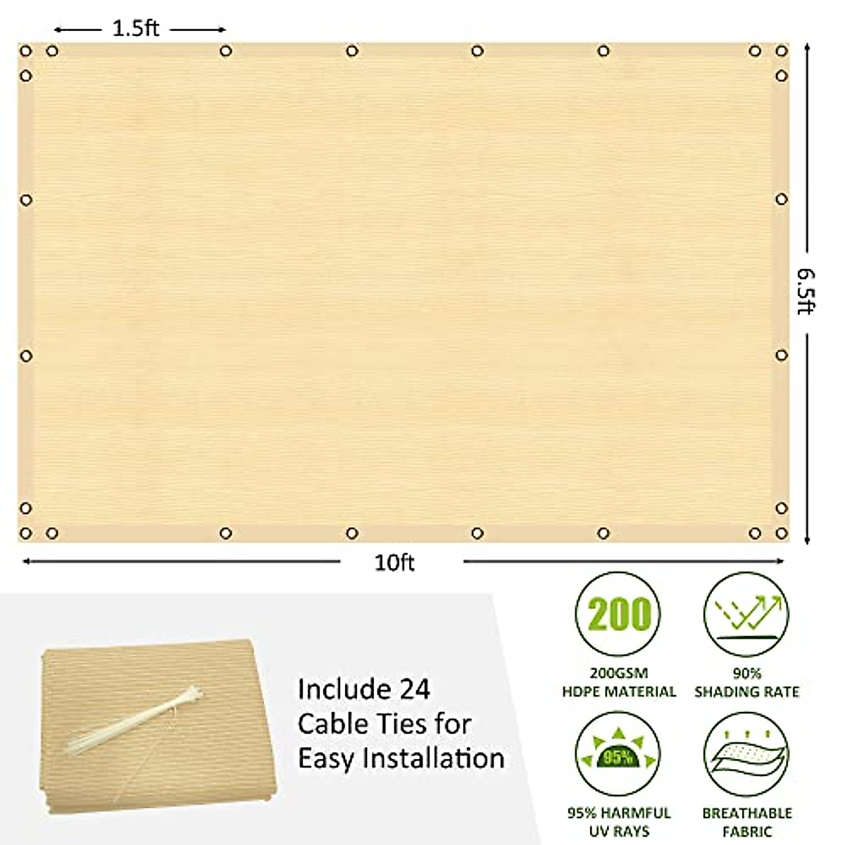 Hanjet 90% Sun Shades Cloth Outdoor for Garden, 6.5 x 10 Feet, Water Permeable & UV Resistant Shade Sail for Patio, Balcony, Trampoline and Canopy, Beige
