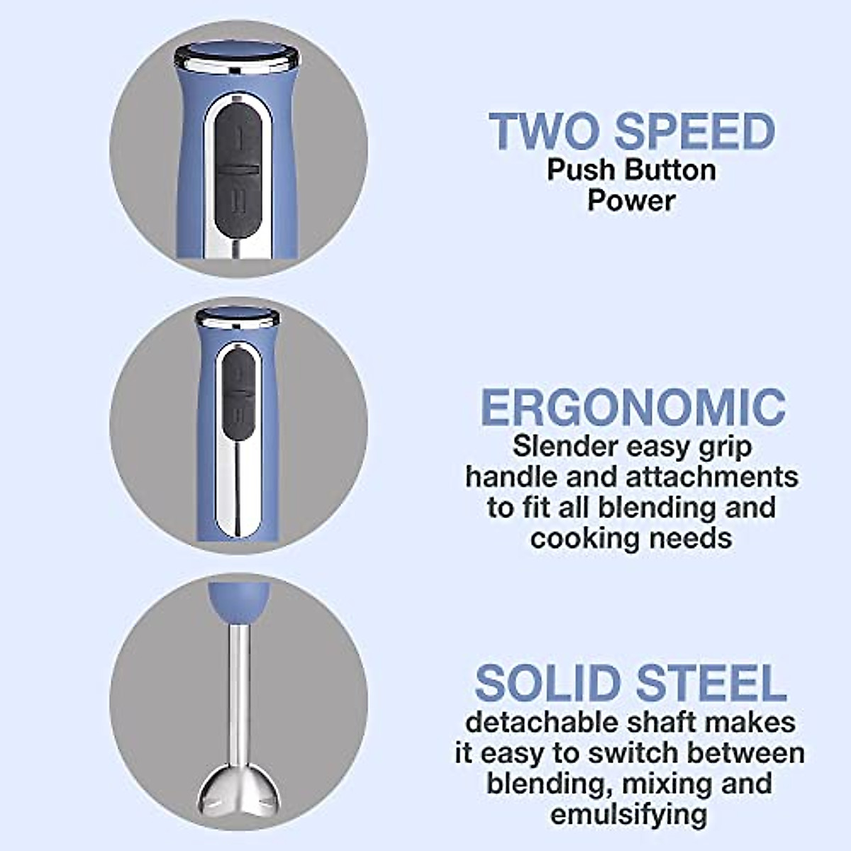 Rae Dunn Immersion Hand Blender- Handheld Immersion Blender with Egg Whisk and Milk Frother Attachments, 2 Speed Blender, 500 Watts, Stainless Steel Blade (Navy)