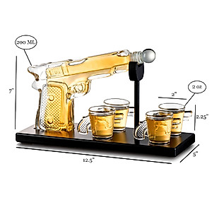 Bezrat Whiskey Gun Decanter Set with 4 Gun Shaped Shot Glasses on on Mahogany Tray - Old Fashioned Bourbon Liquor Drinks Rocks Glasses Dispenser Set, Gift Box