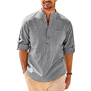 COOFANDY Men's Cotton Henley Shirt Long Sleeve Slim Fit Linen Casual Summer Beach Hippie T Shirt Light Grey