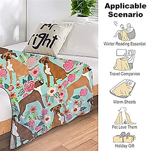 Boxer Dog Flowers Florals Blanket Soft Fleece Throw Blanket Cozy Fuzzy Warm Flannel Blankets for Women Men for Couch Bed Sofa All Season Gift