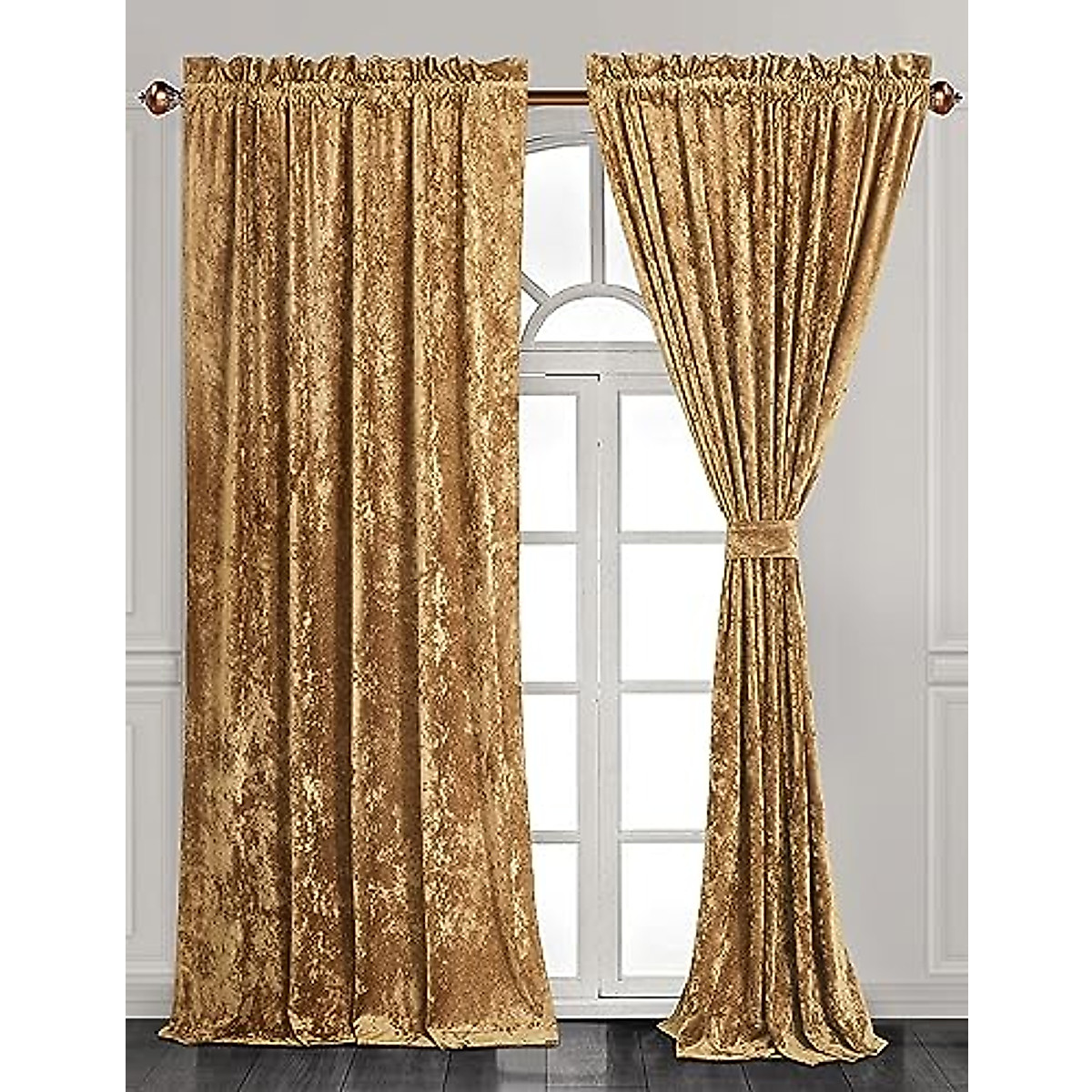 Chezmoi Collection Lux Caramel Gold Crushed Velvet Curtains 2 Panel Set - 96 inches Long Room Darkening Luxury Distressed Velvet Rod Pocket Window Drapes for Living Room Bedroom 50" W x 96" L