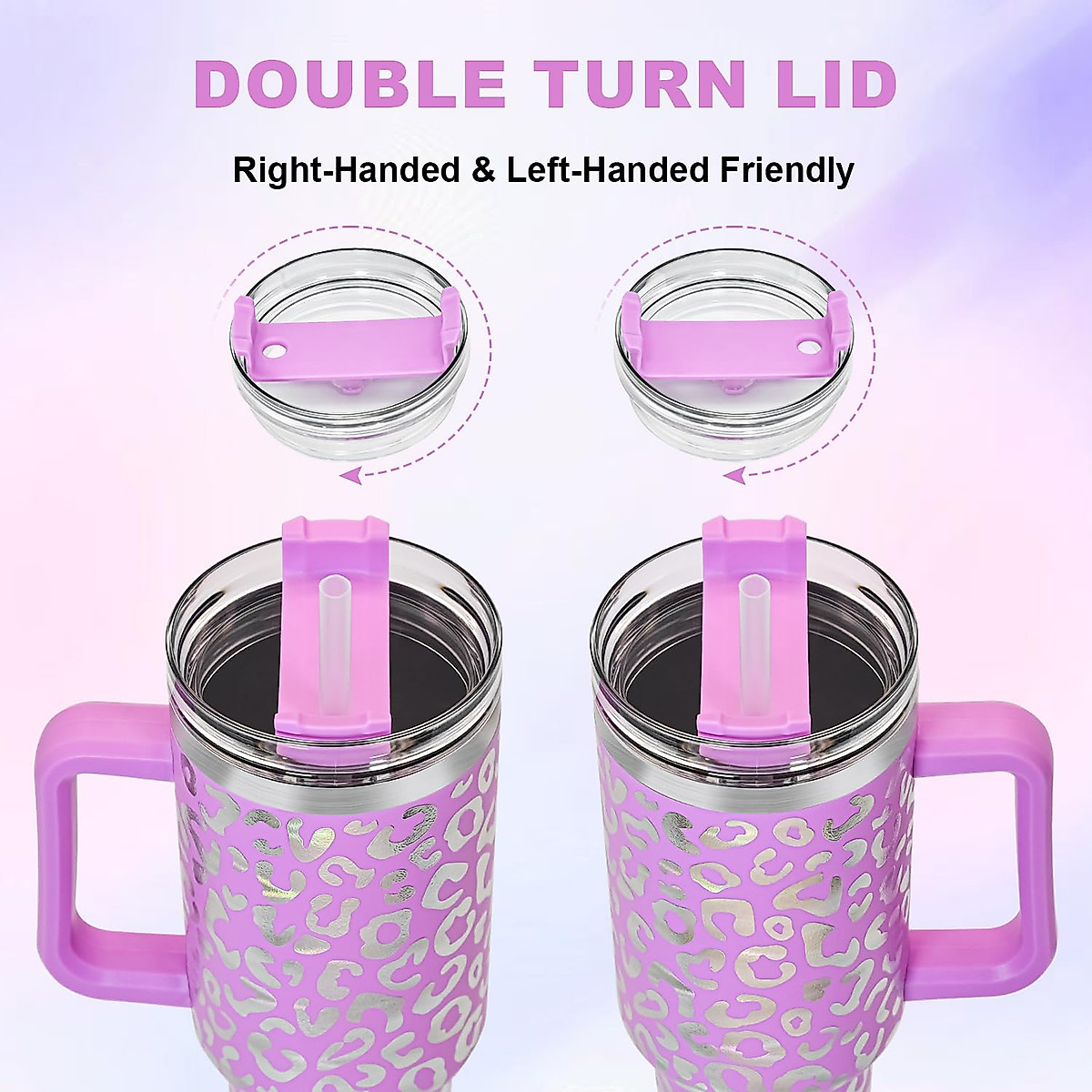 FECBK 40 oz Tumbler with Handle and Straw, 100% Leak-Proof Travel Mug, Stainless Steel Double Wall Vacuum Insulated Coffee Cup Keeps Cold For 34 Hours, Dishwasher Safe, Lavender Rose Leopard