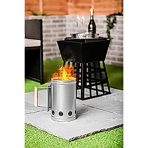 LIVIVO Banquet Charcoal Chimney Starter With Wooden Safety Handle - Quick Start Barbecue Lightning Kit Camping Grilling BBQ - Galvanised Iron Sheet Finish - Heavy Duty