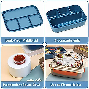 Puraville BPA-FREE Bento Lunch Box for Kids Toddlers Adults,1300ML Microwavable Leak-Proof Bento Box with 4 Compartments for Work,School,Picnic,Blue