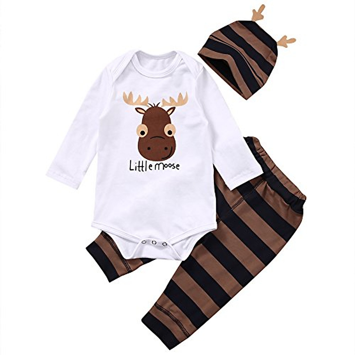 Autumn Winter Newborn Baby Boys Girls Tops Moose Romper Pants Hat Outfits Set Cute Clothes 3Pcs (0-6 Months, White+Brown)