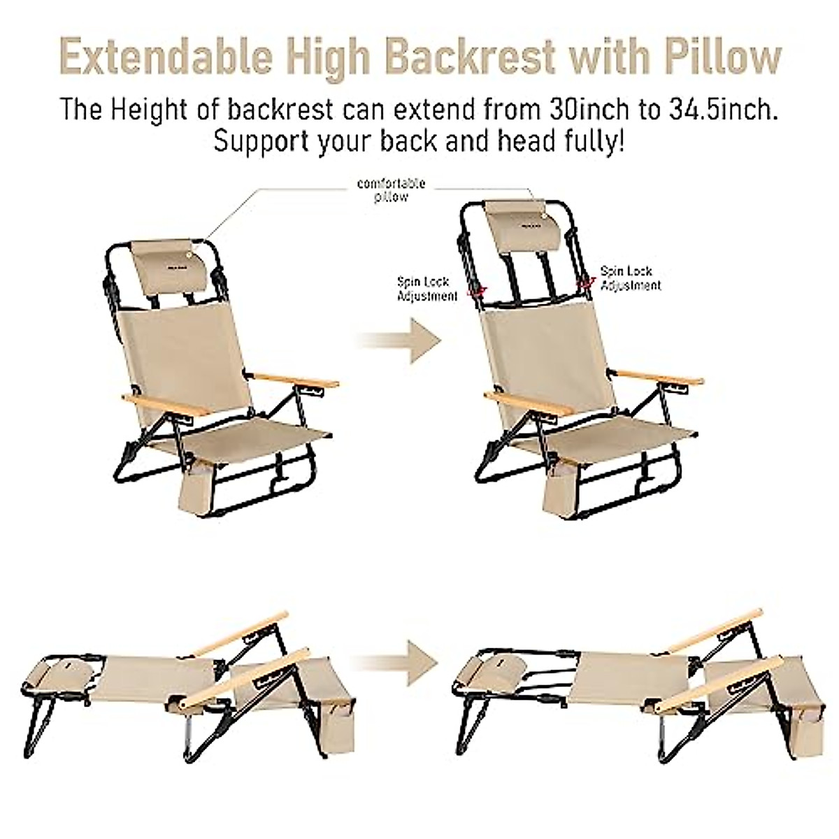 REALEAD Reclining Beach Chairs for Adults - Extendable High Back Low Profile Beach Chair with Headrest, Cooler Pouch, Cup Holder, 4-Position Lay Flat Folding Beach Chairs Heavy Duty Support 330LBS