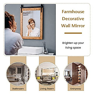Tangkula Farmhouse Wall Mirror, Rustic Hanging Bathroom Mirror with Wood Frame and Metal Bracket, Wall Mounted Barn Door Style Decor Mirror for Living Room Bathroom, 22 x 30 Inch