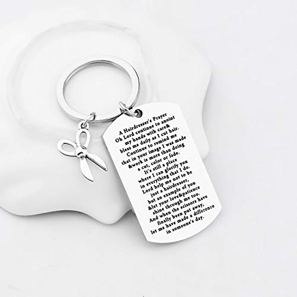 FUSTMW Hairdresser Prayer Keychain Hairstylist Gifts Scissor Charm Hairdresser Jewelry Gifts for Hair Stylist Cosmetology Graduation Gifts (SILVER)